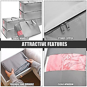 6 Pack 105 L Extra Large Clothes Storage Bags Foldable Blanket Storage Bag Organizer Container with Handle Zipper Clear Window Closet Moving Bag for Blanket Bedroom Comforter Pillow Bedding, Grey