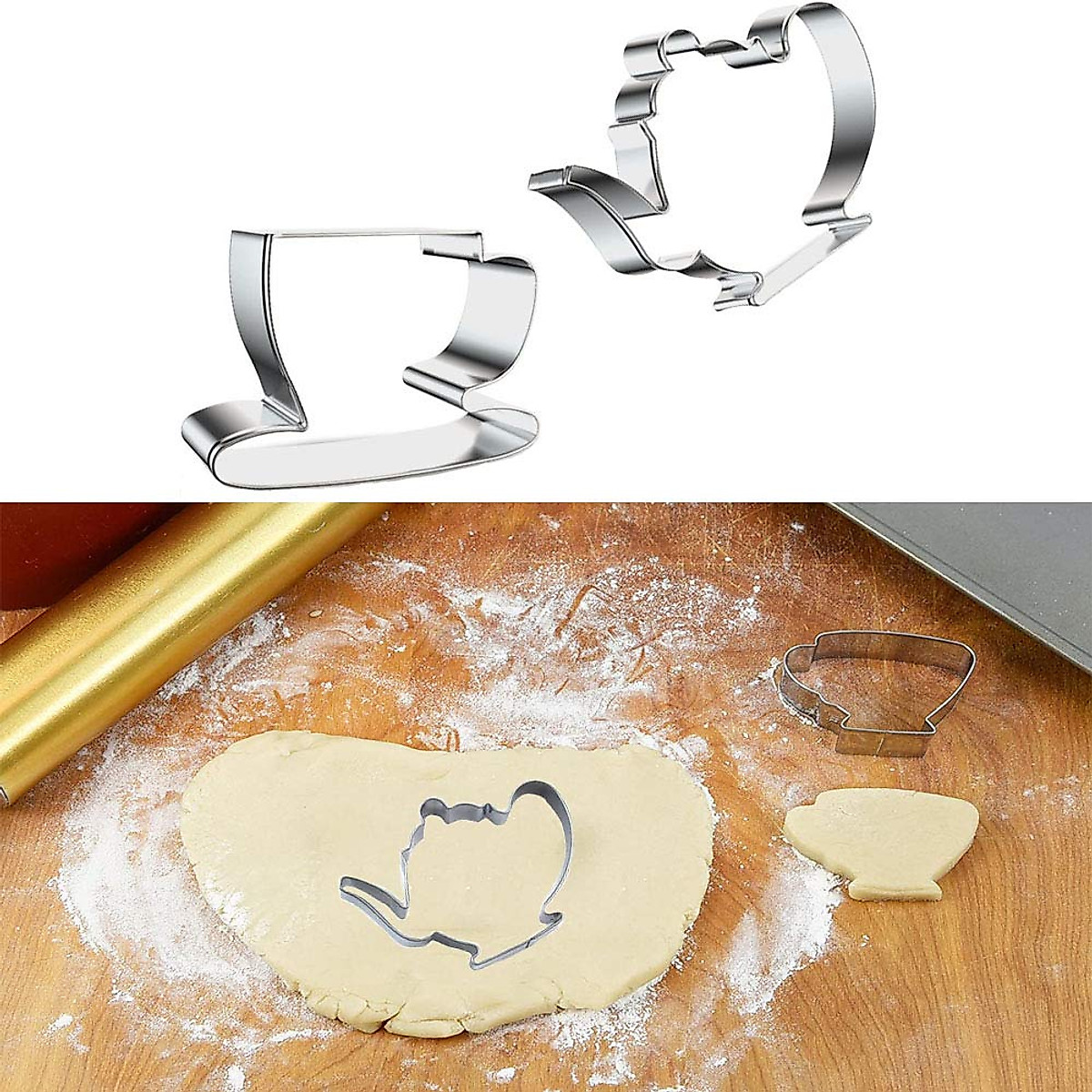 Tea Cookie Cutter Set, 5 Pieces Teapot Teacup Cookie Cutters Kit Stainless Steel Metal Cupcake and Princess Dress Molds Cutters for Tea Party Cake Decorations