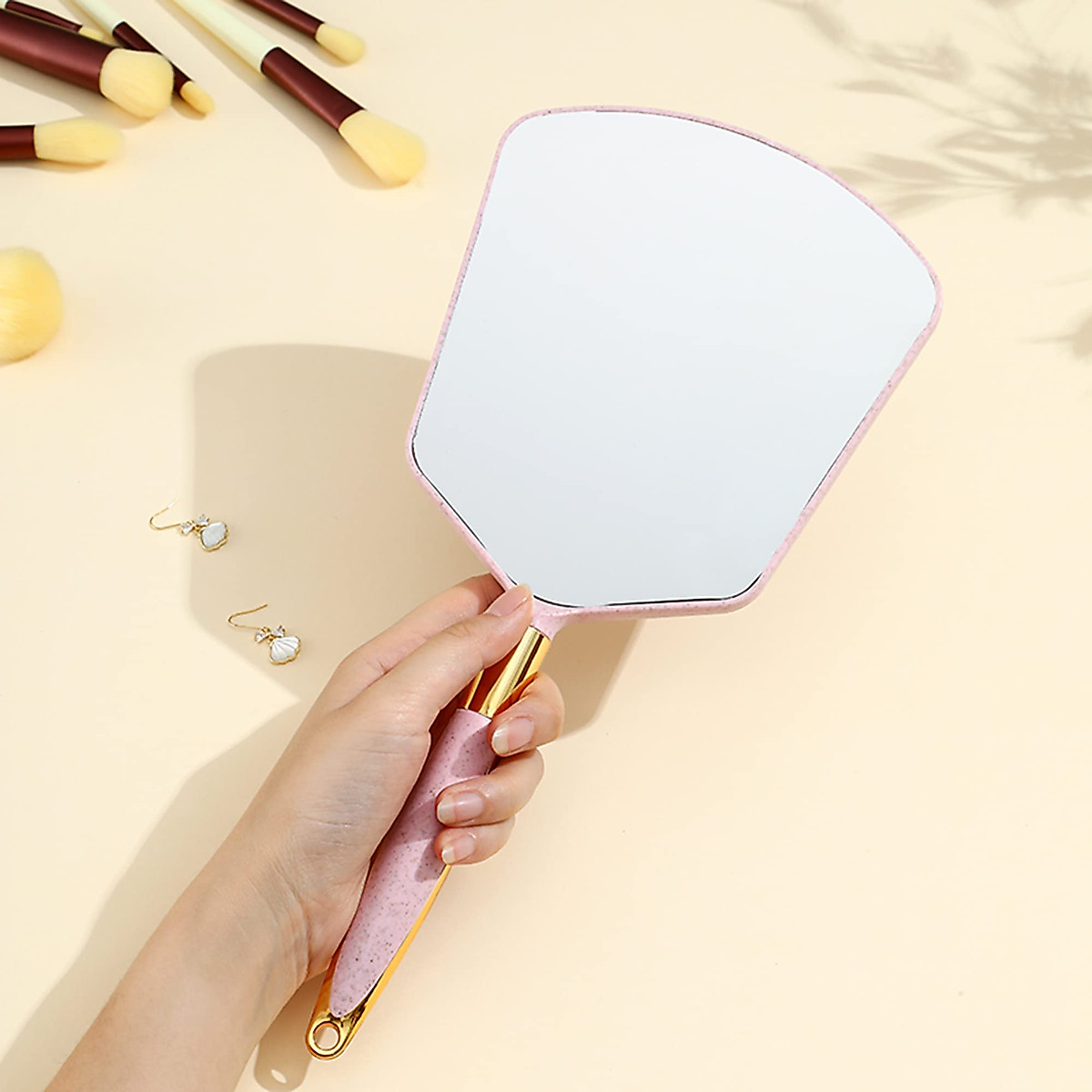 YCHMIR Hand Mirror, Handheld Mirror with Handle，Barber Hairdressing Handheld Mirrorfor for Salon 6 x 13 inch Pink-Square