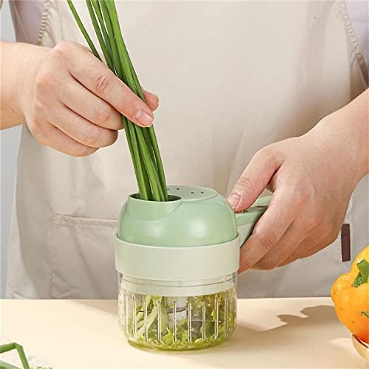 Kitchen Goods Electric Vegetable Cutter Set - 4 in 1 Portable, Rechargeable, Wireless Food Processor & Chopper Machine for Pepper, Garlic, Onion, Celery & Meat