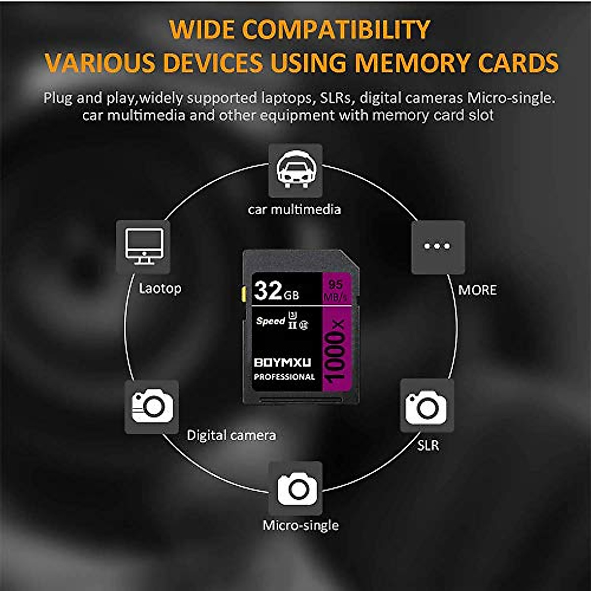 32GB Memory Card, BOYMXU Professional 1000 x Class 10 Card U3 Memory Card Compatible Computer Cameras and Camcorders, Camera Memory Card Up to 95MB/s, Purple/Black