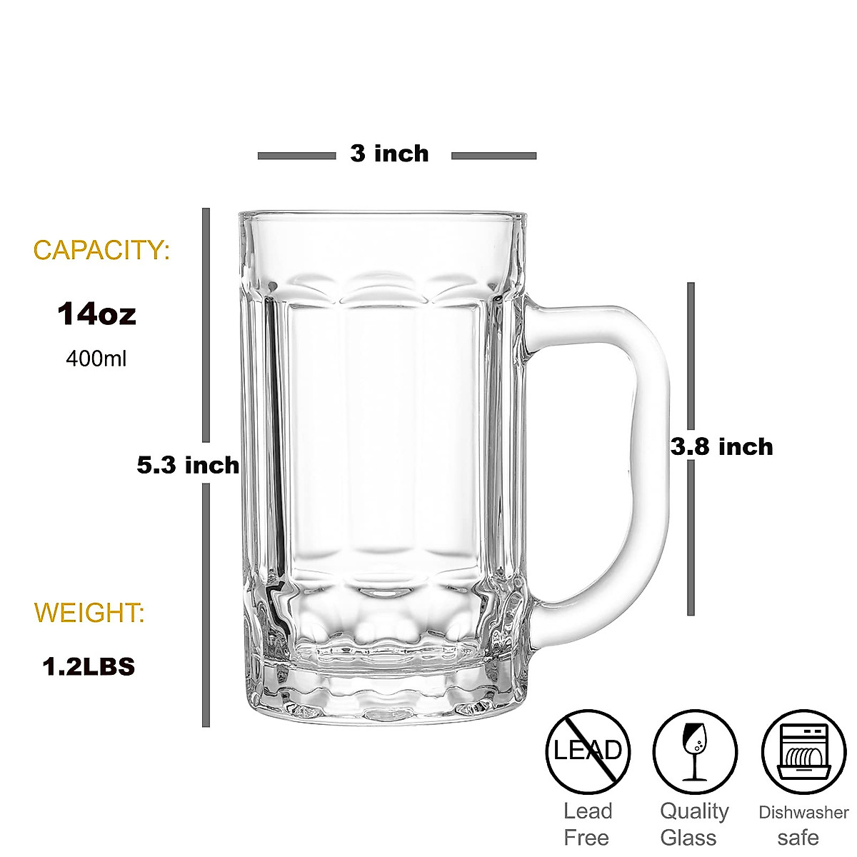 COKTIK 8 Pack Heavy Large Beer Glasses with Handle - 14 Ounce Glass Steins, Classic Beer Mug glasses Set
