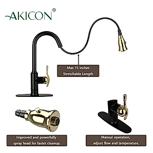 Two Tone Kitchen Faucet with Soap Dispenser and Air Gap, Single Handle Solid Brass High Arc Pull Down Sprayer Head Kitchen Sink Faucets with Deck Plate AK96415