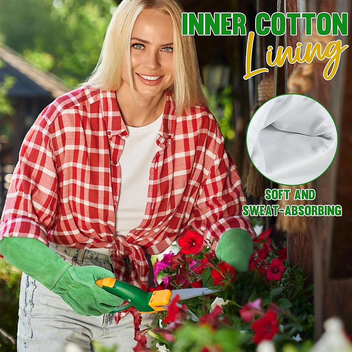 HANDLANDY Ladies Leather Gardening Gloves, Thorn Proof Long Gauntlet Heavy Duty Garden Gloves, Elbow Length Women Rose Pruning Gloves (Medium, Green)