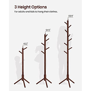 VASAGLE Solid Wood Coat Rack, Free Standing Coat Rack, Tree-Shaped Coat Rack with 8 Hooks, 3 Height Options, for Clothes, Hats, Bags, for Living Room, Bedroom, Home Office, Dark Walnut URCR04WN