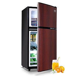 KRIB BLING Refrigerator with Freezer 3.5 Cu.Ft with 7 Level Adjustable Thermostat Control 2 Door Energy Saving Top-Freezer Compact Refrigerator Wood