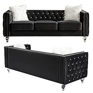 mikibama Velvet Sofa Couch 83 Inch Long Modern Sofa with Acrylic Legs and 2 Pillows, Jeweled Buttons Tufted Couch Modern Decor Furniture for Living Room, Bedroom (Black)