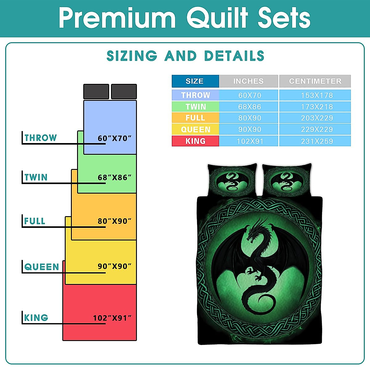Personalized Dragon Quilt Set Dragon Scale Blue Bedding Set Twin Size Dragon Bedding Dragon Throw 3D Bedding Set Dragon Comforter for Boys Children Teens (Green Black Dragon)