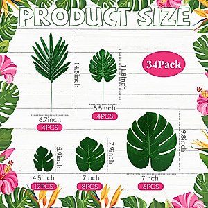 40 Pcs Large Paper Flowers and Artificial Tropical Leaves, 24''/12'' Jumbo 3D Chroma Paper Flowers Faux Leaves for Safari Jungle Hawaiian Luau Party Birthday Wedding BBQ Table Decor (Palm Leaf)