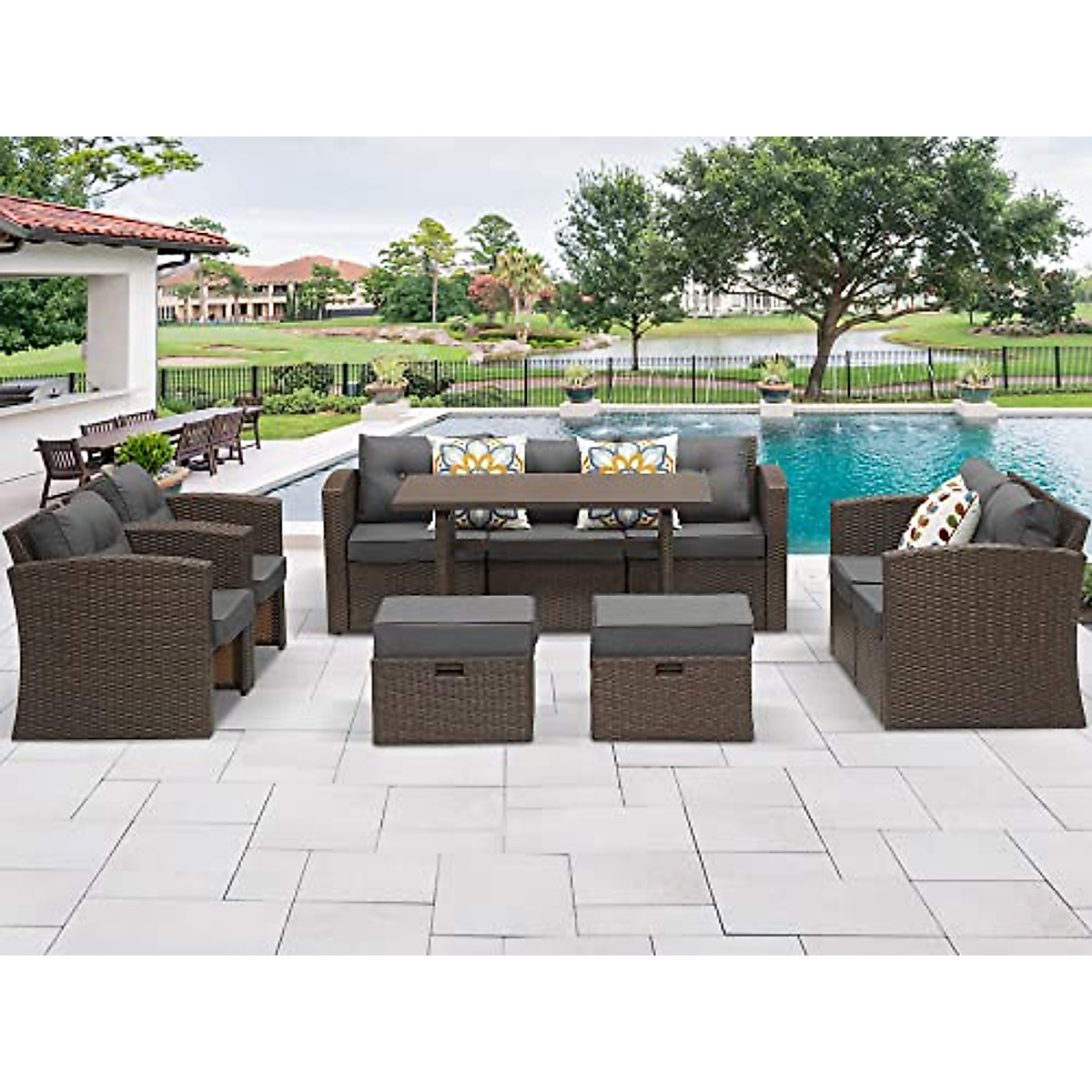 10-Piece Outdoor Patio Furniture Conversation Sets, All Weather Brown Wicker Rattan Aluminum Sectional Couch Sofa Set with Rectangular Dining Table and Dark Grey Cushion