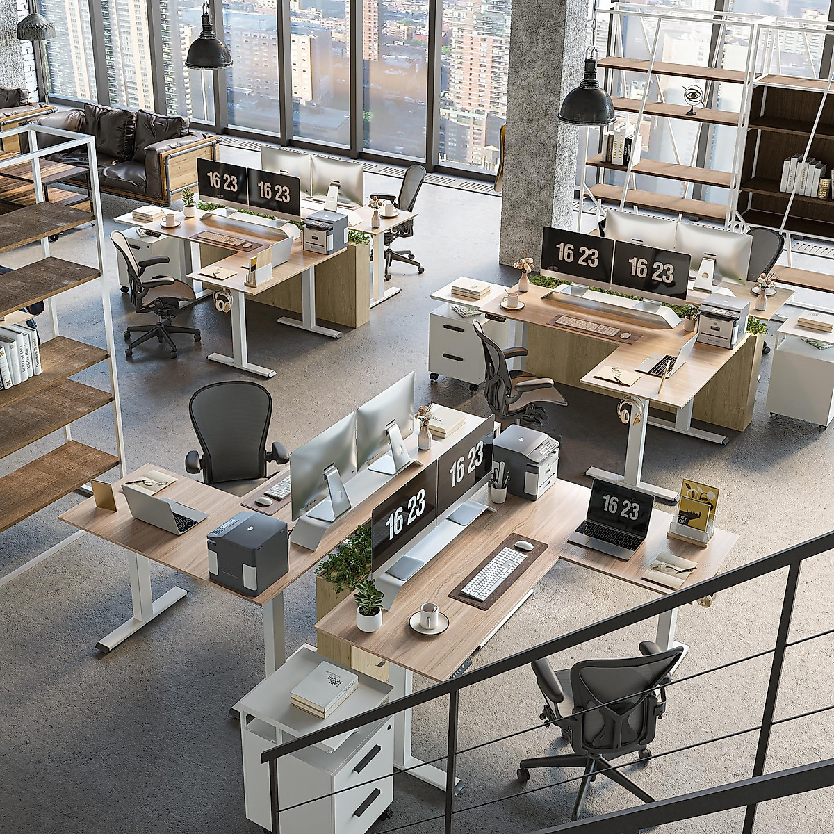 FEZIBO Triple Motor L-Shaped Electric Standing Desk, Height Adjustable Stand up Corner Desk, 63 Inches Sit Stand Workstation with Splice Board, White Frame/Light Walnut Top