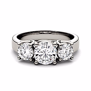 Charles & Colvard Created Moissanite 6.5mm Round Cut Three Stone Ring for Women | 2 cttw DEW | Lab Grown | Solid 14K White Gold with Rhodium | Size 8