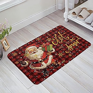 Christmas Santa Claus 1 Piece Water Absorbent Door Mat Anti-Skid Memory Foam Cushioned Rug Comfort Standing Floor Mat for Office Home Bathroom Kitchen 16x24 Inch Snowflakes Red Buffalo Plaid