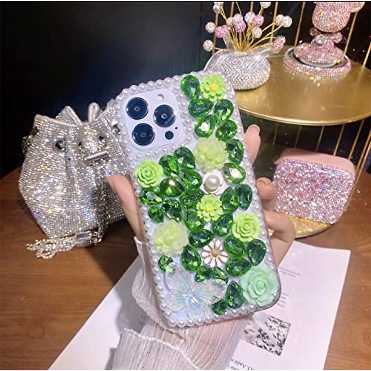Threesee for Galaxy S9 Plus Bling Glitter Flowers Case,Luxury Crystal Rhinestone Pearl Cover Shiny Diamond Women Girls Kids Floristic Phone Case for Samsung Galaxy S9 Plus