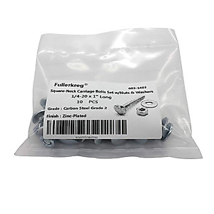 (10 pc) 1/4-20 x 1 Long Square-Neck Carriage Bolts Set w/Nuts & Washers,Zinc-Plated,Carbon Steel Grade 2,by Fullerkreg