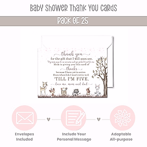 Paper Clever Party 25 Girls Woodland Baby Thank You Cards Pack – Cute Baby Shower Notes with Envelopes, Prefilled Message, Customizable Blank Stationery, Pink, Rustic Floral, New Parents Gift Ideas