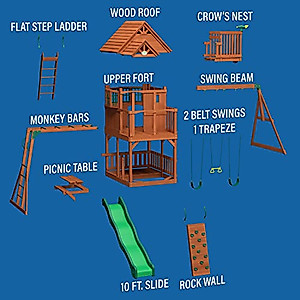 Backyard Discovery, Skyfort II Playground Cedar Wood Swing Set with Playhouse Fort, Sandbox, Picnic Table, Slide, Monkey Bars, Swings, Rock Climber, Outdoor Playset for kids Age 3-10 years