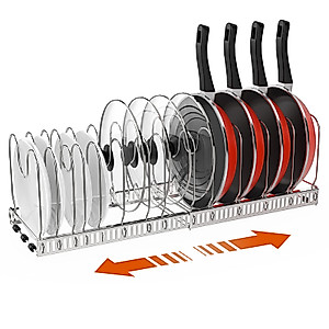 Housolution Pot and Pan Organizer Rack for Cabinet, Stainless Steel Expandable Pot Lid Organizer with 14 Adjustable Dividers, Pot and Pan Holder Rack Storage Organizer for Kitchen, Silver