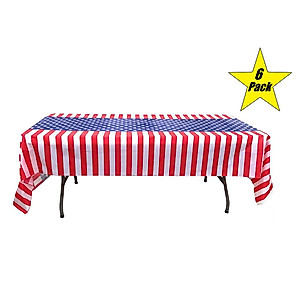 Oojami Pack of 6 American Themed Plastic Tablecloths | Red, White, Blue Striped | Disposable Rectangular Cover (54"x108") | Perfect for 4th of July Parties & Picnics