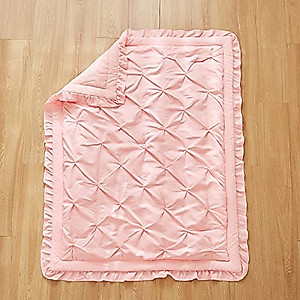 4 Pieces Pinch Pleated Toddler Bedding Set with Ruffle Fringe, Solid Color Pink Unisex Pintuck Toddler Sheet Sets for Baby Girls, Includes Comforter, Flat Sheet, Fitted Sheet and Pillowcase