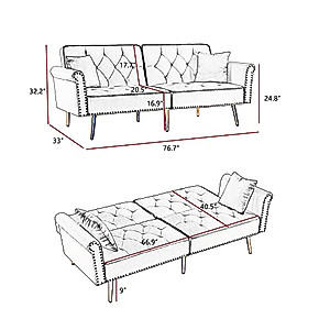 Zushule Futon Sofa Bed -Velvet Tufted Convertible Couch with 2 Pillows, Nailhead Trim, and Metal Legs- - Small Sofabed for Bedroom, Living Room, Apartment - Black with Gold Detail