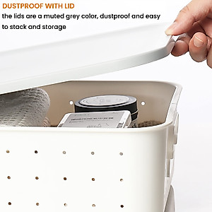 vacane Large Plastic Storage Baskets with Snap Lid, Extremely Durable, Storage Baskets for Organizing Stackable Storage Box with Handle for Closet Office, 14 x 10 x 8 inch, White