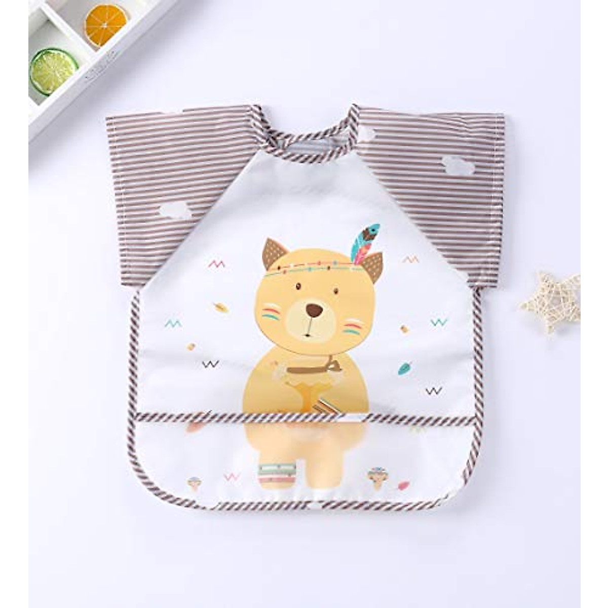 PandaEar (3 Pack Short Sleeve Lower Pocket Waterproof Bibs|Baby Infant Toddler 12-48 Months (Multi-Color 1)