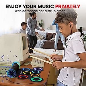 Oirtmiu Portable Electronic Drum Set Roll-Up Drum Practice 7 Pads Drum Kit Built-in Speaker with Headphones Drum Pedals Drum Sticks 10 Hours Playtime, Great Holiday Birthday Gift for Kids(Rainbow)