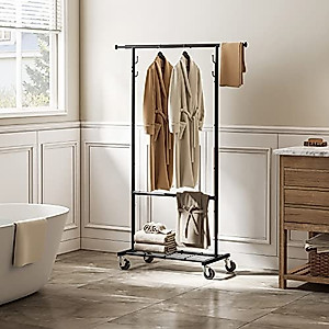 Gewudraw Clothing Garment Rack, Extendable Clothes Rack with Wheels, Bottom Shelves and Hooks, Double Rod Garment Rack Portable Closet Organizer, 64.4 inches