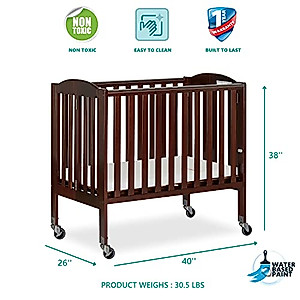 Dream On Me 2 in 1 Portable Folding Stationary Side Crib in Espresso, Greenguard Gold Certified 40x26x38 Inch (Pack of 1)