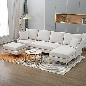 FANYE 110'' Modern Reversible Chaise Sectional U-Shaped Convertible, 4-Seat Polyester Blend Upholstered Sofa & Couch with 2 Pillows and Metal Legs for Home Apartment Office Living Room, Green, Beige