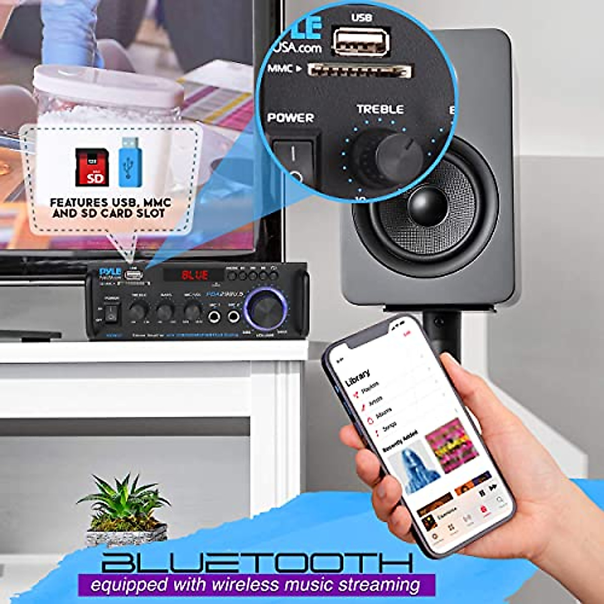 Pyle Wireless Bluetooth Stereo Power Amplifier - 200W Dual Channel Sound Audio Stereo Receiver System w/ RCA, USB, SD, MIC IN, FM Radio, For Home Theater Entertainment via RCA, Studio Use - PDA29BU