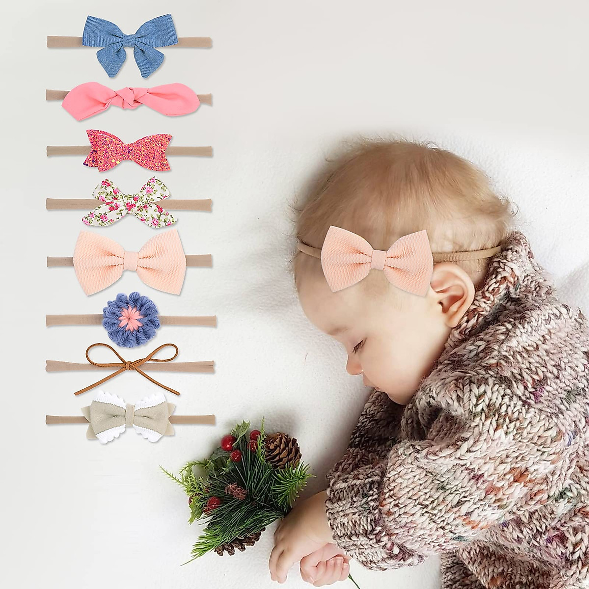 doboi 24PCS Baby Girls Flower and Hair Bows Headbands Soft Nylon Hairbands Elastic Hair Accessories for Newborns Infants Toddlers and Kids