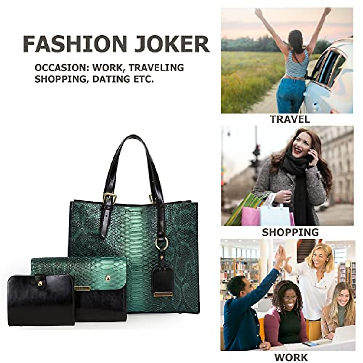 myfriday 3pcs Vegan Leather Tote Shoulder Bag for Women, Snake Pattern Large Top Handle Bags Set