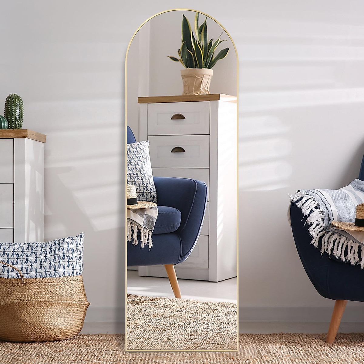 VVK Arched Full Length Free Standing Mirror, 64 * 21inch Large Full Body Mirror for Wall,Black/Gold Mirror Standing Mirror for Bedroom/Living Room,Gold