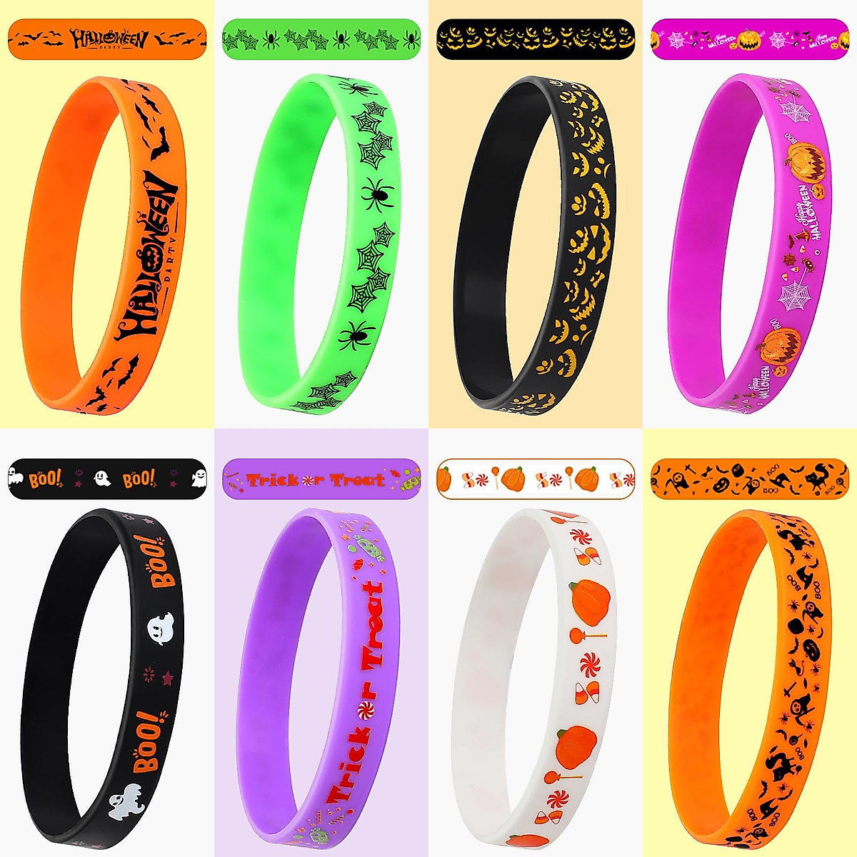 JUNEBRUSHS 64pcs Halloween Party Favors Silicone Bracelets Rubber Wristbands for Halloween Party Trick or Treat Goodie Bag Stuffers Fillers Decorations Accessories Supplies(8 Designs)