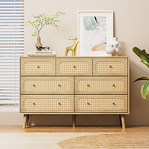 Wananlanen Rattan Dresser for Bedroom, Wood Boho 7 Drawer Chest of Drawer with Storage and Gold Handle, Modern Natural Rattan Dresser for Living Room, Hallway, Entryway