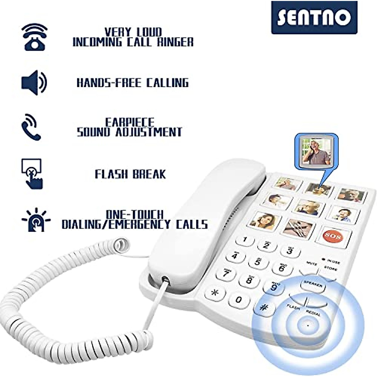Big Button Phone for Seniors, 9 Pictured Big Buttons,Extra Loud Ringer,Wired Simple Basic Landline Telephone for Visually Impaired Old People with Large Easy Buttons, Emergency House Phones