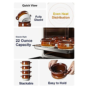 LE TAUCI French Onion Soup Crocks with Handles, 22 Ounce Ceramic Soup Bowls for Soup, Chili, Beef Stew, Set of 4, Oven & Broil Safe
