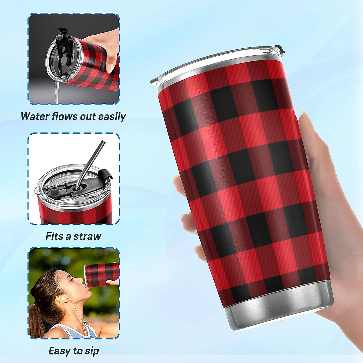 Yasala Tumbler Tartan Checker Plaid Red Black Insulated Office Coffee Cup Back to School Beverage Container Travel Mug with Straw and Lid Double Wall Stainless Steel 20oz