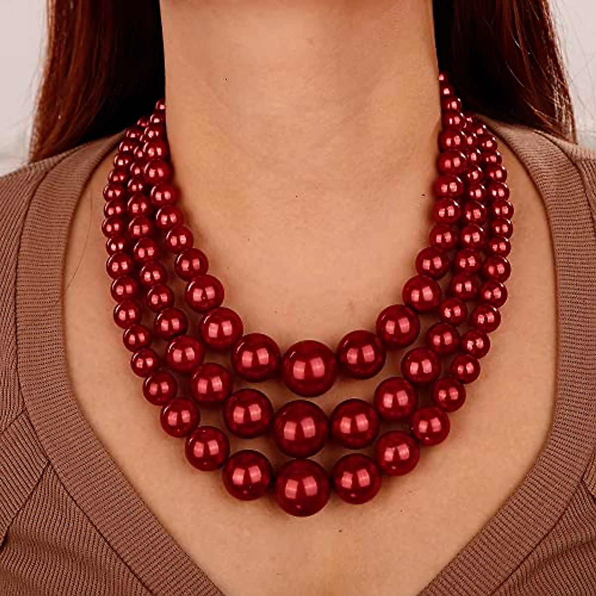 Aimimier 1920s Multilayered Chunky Collar Bib Pearl Necklace with Earrings and Bracelet Costume Jewelry for Women (Red)