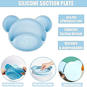xuan dian Silicone Baby Feeding Set, Silicone Suction Plate Shape Self Feeding Adjustable Bib，Suction Plate for Baby Toddler with Spoon Fork Adjustable Bib Set-Blue