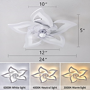 HuixuTe Ceiling Fan with Lights Remote Control, 3 Colors, 6 Speeds, 24" Geometric Bladeless Ceiling Fan, White Low Profile Ceiling Fan with Light for Kitchen Bedroom