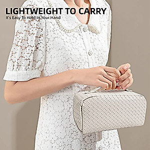 Travel Makeup Bag Large Capacity Travel Cosmetic Bags for Women Waterproof Lay Flat Leather Makeup Bag with Divider and Handle Makeup Organizer Bags Travelling Cosmetic Pouch Skincare Bag,White