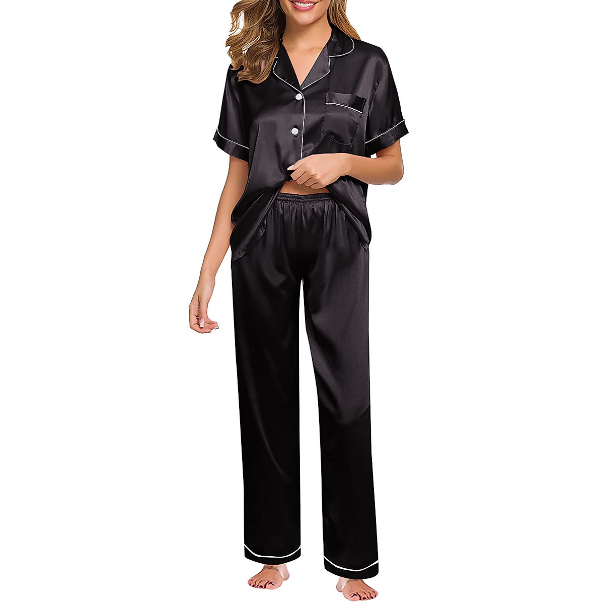 Aniywn Women's Satin Pajamas Sets Casual Short Sleeve and Long Pant Loose Underwear Nightwear Lingerie Silk Pajamas Suit Black