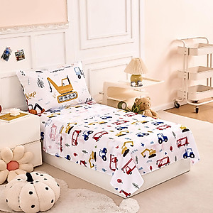 PERFEMET 4 Piece Boys Twin Bedding Sets Car Printed on White Kids Comforter Set for Boys Reversible Cartoon Tractors Bed in A Bag Comforter Set with Sheets (Car Pattern, Twin)