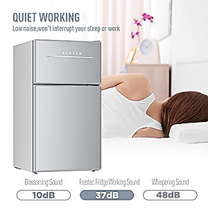 Frestec Mini Fridge with Frezzer,3.2 Cu.Ft Mini Fridge for Bedroom,Small Refrigerators,2 Door Compact Refrigerator 37dB Quiet,7-Settings Mechanical Thermostat,LED Lights for Dorm, Office, Apartment (Sliver)