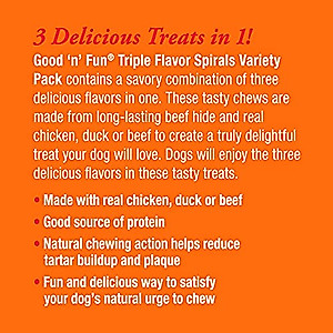 Good ‘n’ Fun Triple Flavor Spirals Variety Pack, 15 Count, Rawhide Chews for Dogs, 3 Savory Flavors