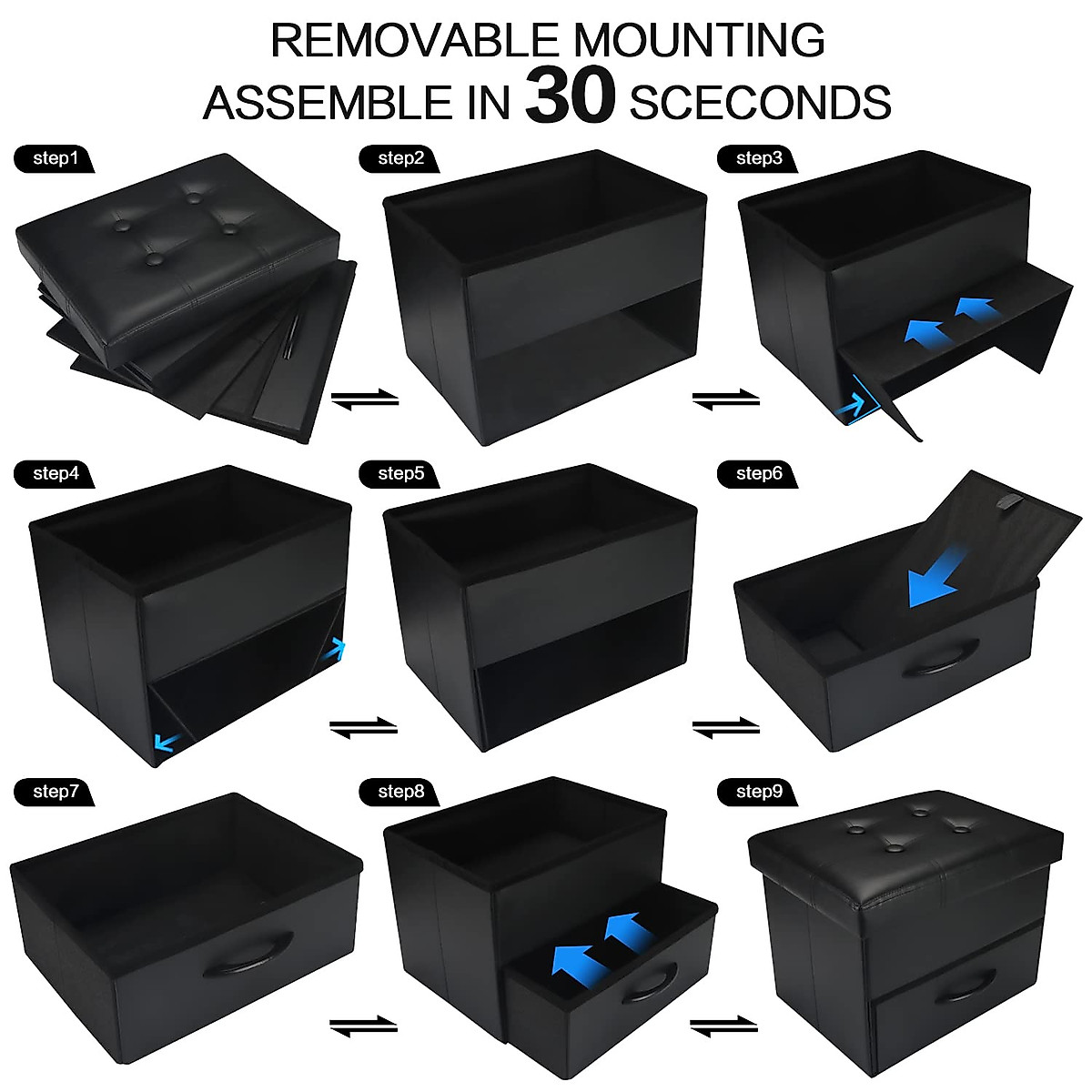 AmasSmile® Storage Ottoman Foot Rest Stool, 16 inch Leather Folding Footstool Bench, Short Ottoman Bench, Storage Foot Rest Store, Books,Records Support 220 lbs, Black