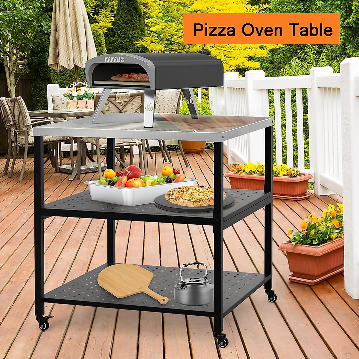 Mimiuo Grill Cart Pizza Oven Stand for Ooni Pizza Oven 31.5 x 31.5 x 33 inch, Large Stainless Steel Modular Table for Indoor Outdoor, Movable Food Prep Dining Trolley for Kitchen Patio Backyard